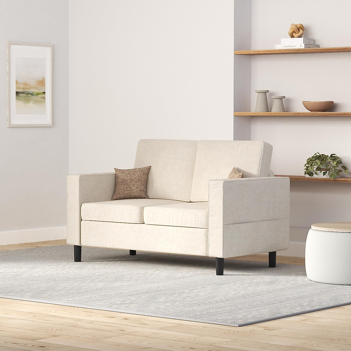 Mjkone Loveseat Sofa with 2 Storage Side Pocket, 54.7'' Modern Fabric Love Seats, Easy Assembly/High Resilience Sponge/Real Wooden Frame and Solid Wood Sofa Legs(Beige, Loveseat)