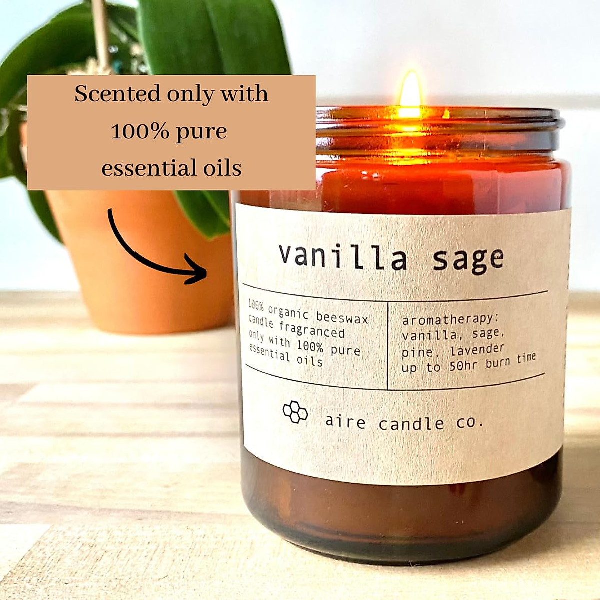 Vanilla Sage Beeswax Candle - 100% Pure Beeswax Candle - 2 Ingredients Only: 100% Pure High Quality USA Beeswax + 100% Pure Essential Oils - Made in USA - 8oz - Burns Clean, Non Toxic (8 oz)