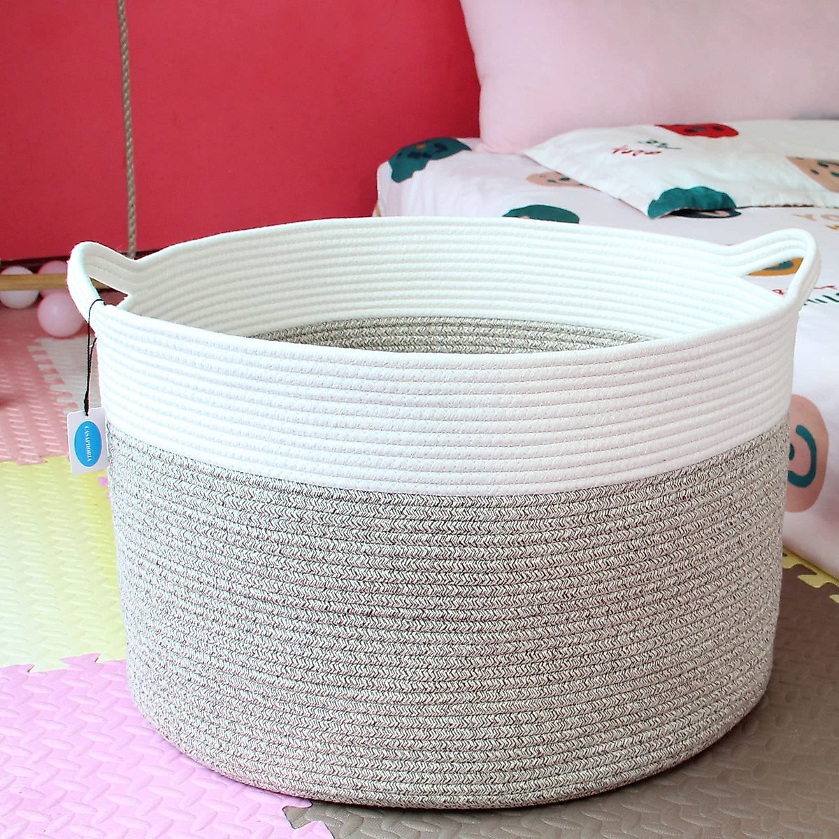 Casaphoria XXXLarge Cotton Rope Basket for Living Room - Woven Storage Basket with Handle for Blankets, Towels and Pillows Laundry Hamper | Cream white and Brown (22" x 22" x 14")