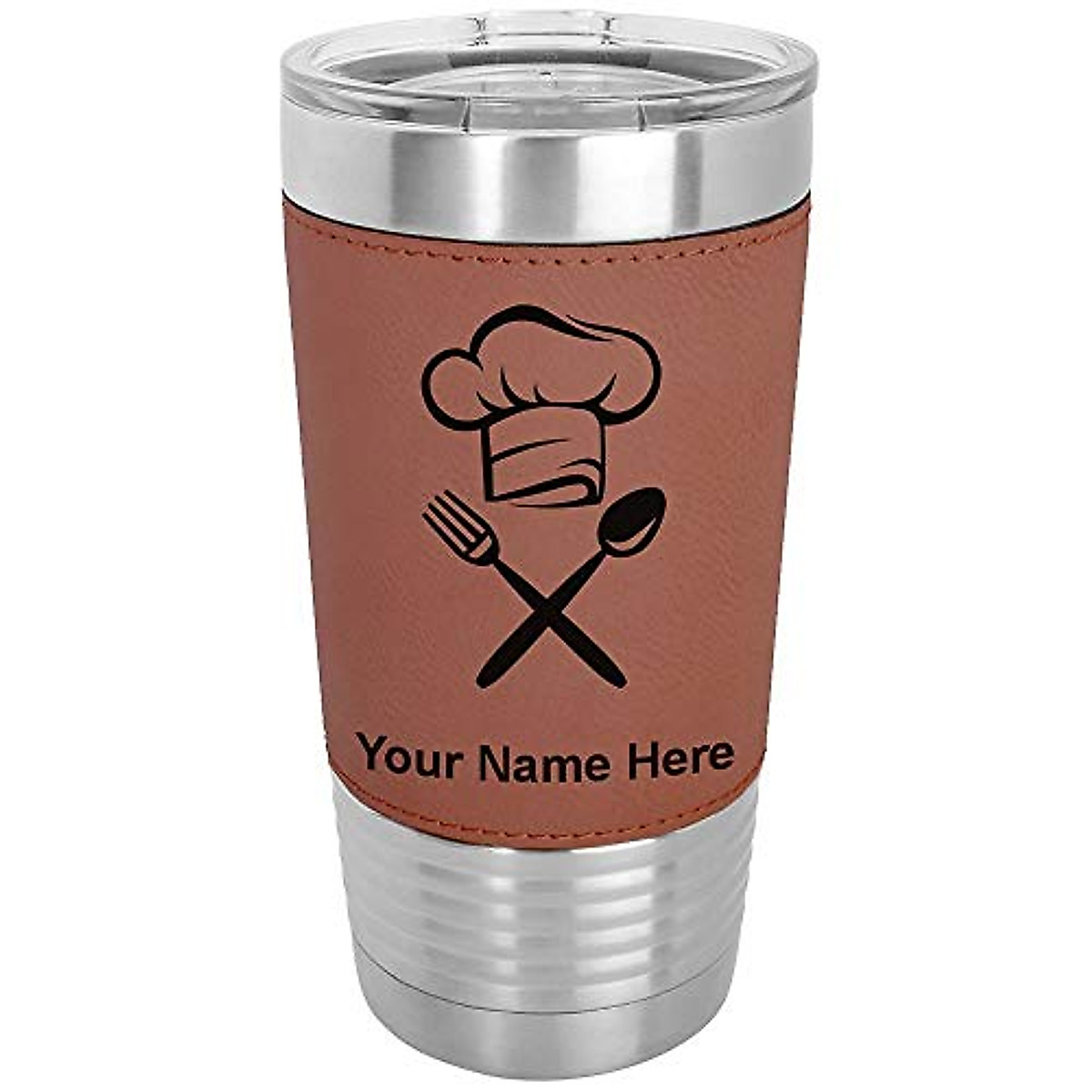 LaserGram 20oz Vacuum Insulated Tumbler Mug, Chef Hat, Personalized Engraving Included (Faux Leather, Dark Brown)