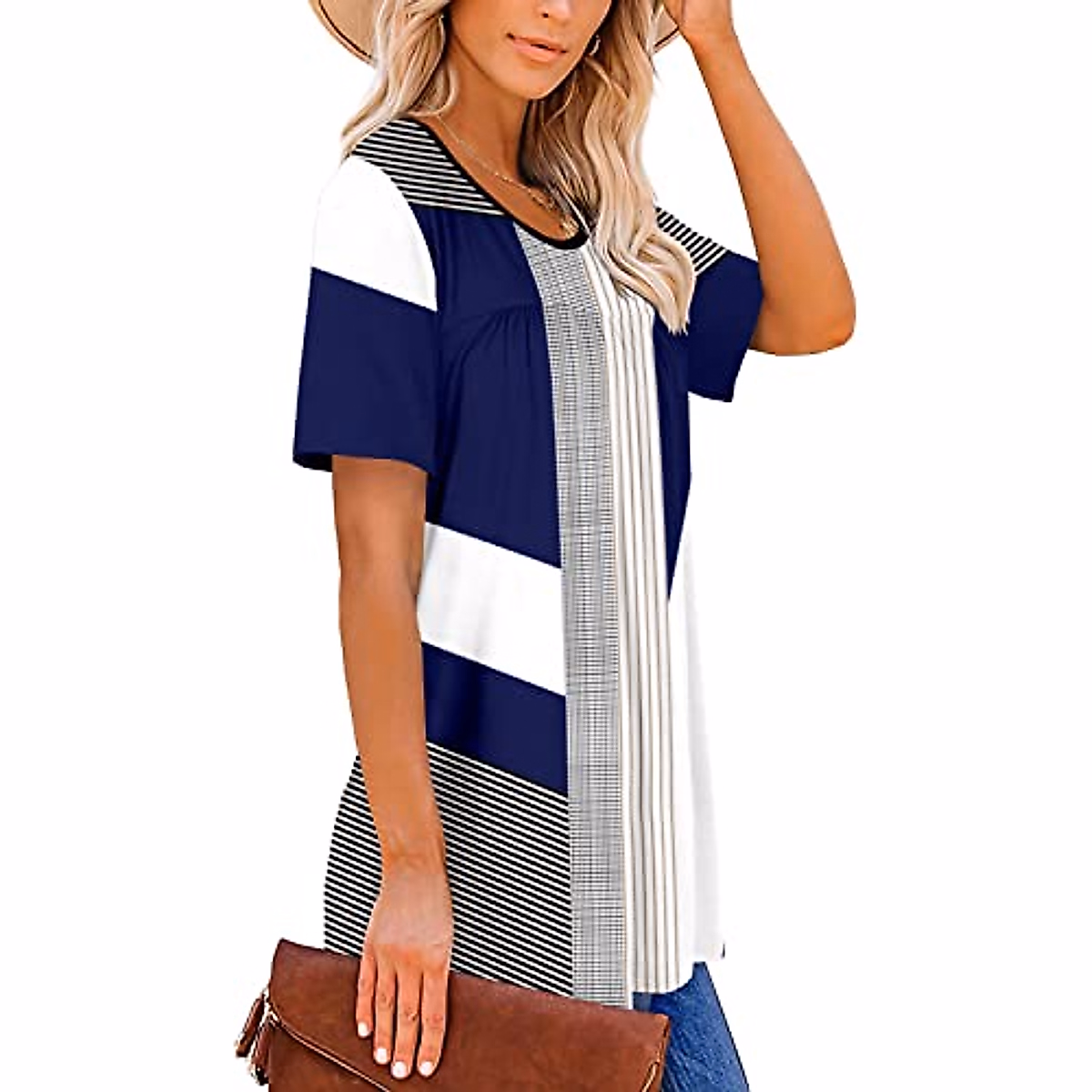 KISSMODA Tunic Tops Short Sleeve Shirts for Women Loose Fitting Casual Cute Shirt Summer Crewneck Lounge Plus Size Blouse Geometry 3XL