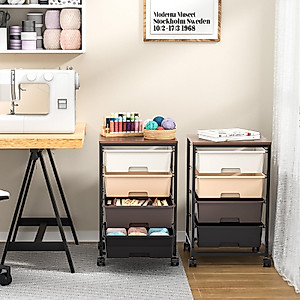 TOOLF Utility Cart with Drawers and Wooden Tabletop,4 Drawers Rolling Storage Cart,Arts and Crafts Organizer Storage Cart for Bedroom,Kid's Room,Dorm,Classroom,Office,Brown