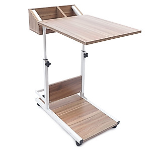 MhdunueSK C Shaped End Table with Lockable Universal Wheels,Rolling Sofa Side Table with Storage Wooden Snack Side Table Mobile Couch Table,55-80Cm Adjustable Height Range