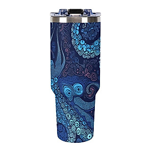 LLUTSNTH 40 Oz Vacuum Tumbler with White Handle Leakproof Insulated Tumbler Blue Octopus Stainless Steel Travel Mug with Lid And Straw Coffee Cup Cute Water Bottles Cup Holder Friendly