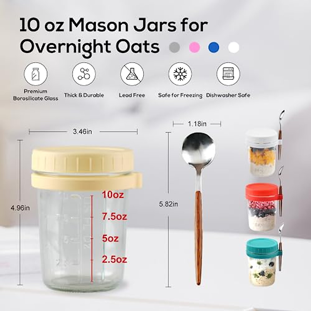 Overnight Oats Jars,Mason Jars for Overnight Oats with Lid and Spoon,10 Oz Glass Meal Prep Containers with Measurement Marks,Perfect Size for Overnight Oats,Salad Yogurt,Cereal,Fruit (4 PACK B)