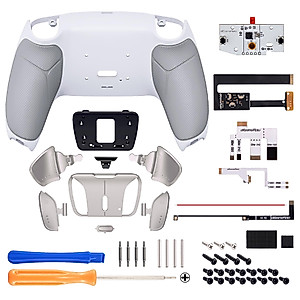 eXtremeRate Silver Real Metal Buttons (RMB) Version RISE4 Remap Kit for PS5 Controller BDM-010 020 w/Gray Rubberized Grip White Redesigned Back Shell, Upgrade Board, 4 Back Buttons for PS5 Controller