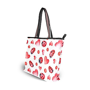 OTVEE Valentine Ladybug Pink Hearts Woman Tote Bag Top Handle Handbag for Work Travel - M Size