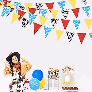 32Ft Cartoon Story Party Decorations Red Blue Yellow Toy Themed Story Fabric Banner Cloud and Cow Print Triangle Pennant Flag Garland Streamers for Kids Birthday Baby Shower Outdoor Garden Supplies