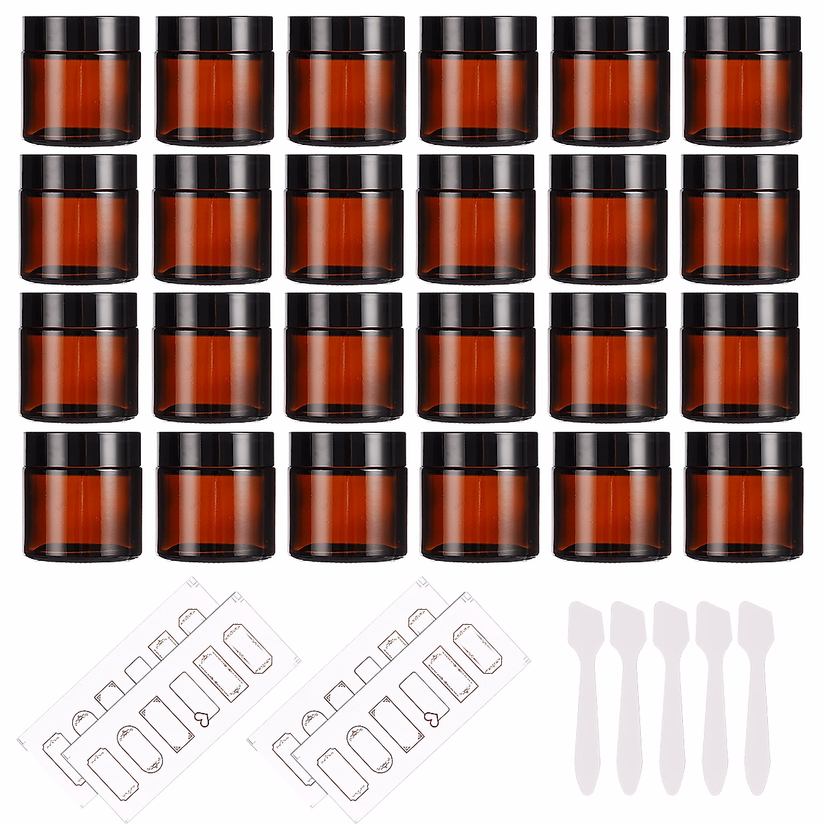 24 Pack 2oz Amber Glass Jars with Black Lids, Round Empty Containers for Scrubs, Lotions, Cosmetic, and Ointments, Travel Storage Jar with White Inner Liners, lables and Spatulas