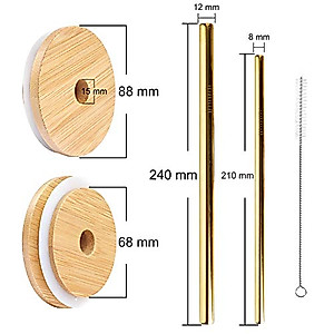 Mason Jar Lids with Straw Hole, ECO Reusable Bamboo Mason Jar Lids for Wide Mouth Mason Jar with 2 Reusable Stainless Steel Straw - 2 LIDS &Golden Straw