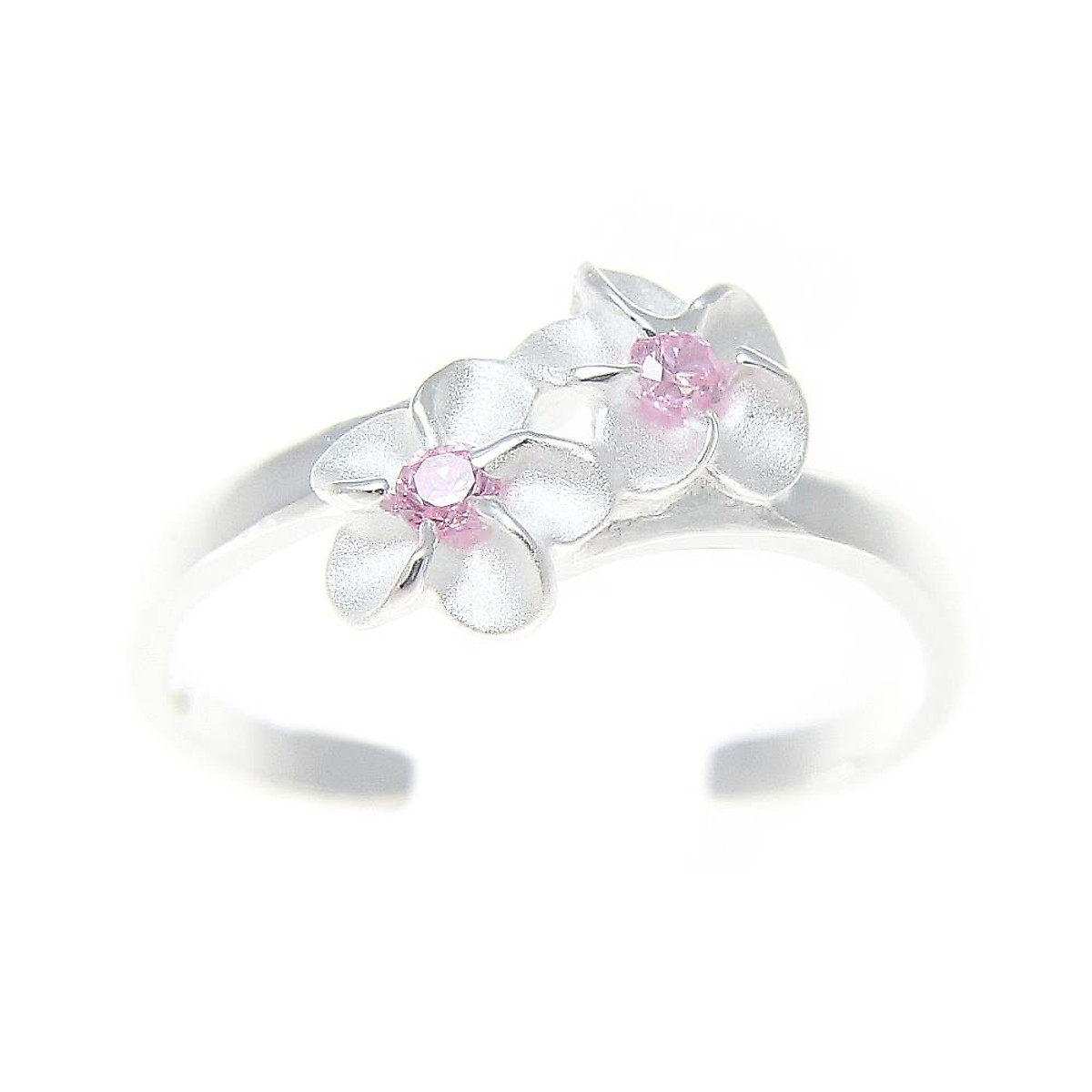 Arthur's Jewelry 925 sterling silver Hawaiian double plumeria flower pink cz open toe ring