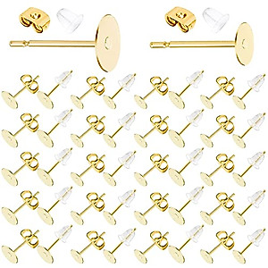 Earring Posts Stainless Steel, Flasoo 1200Pcs Hypoallergenic Earring Posts and Backs, Gold Flat Pad Earring Studs with Clutch for Earring Making and DIY Stud Earring Supplies