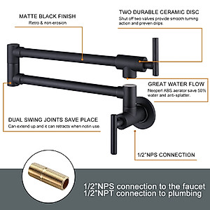 WOWOW Pot Filler Faucet Matte Black Commercial Wall Mount Stove Faucet, Brass Pot Filler Folding Faucet Over Stove, Kitchen Pot Faucet with Double Joint Swing Arms