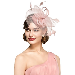 BABEYOND Women's Fascinator Hat Kentucky Hat Feather Derby Fascinator Tea Party Hat for Cocktail Wedding Nude Pink