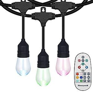 Honeywell 24FT Linkable Water Resistant LED Indoor Outdoor Color Changing String Light with Remote Control, Commercial Grade Patio Lights with 8 Plastic E26 Bulbs Create Cafe Ambience in Your Backyard