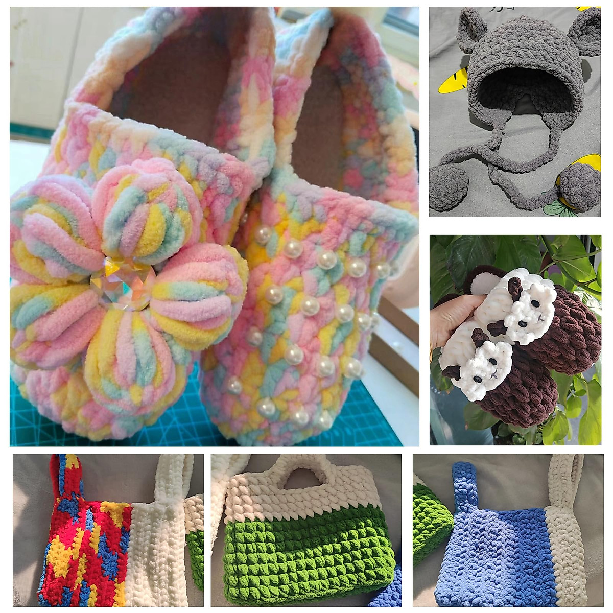 BATELO 4 Skein Chenille Yarn Velvet Yarn Blanket Yarn Amigurumi Yarn Soft Yarn Plush Yarn Scarf Yarn for Crocheting & Knitting 4×100gr(43yd) - White&Blue&Gray