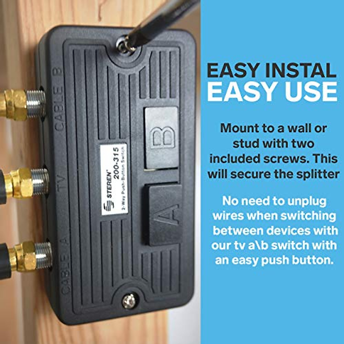 Network Switch - Coax Splitter 2 Way - Antenna Splitter - Manual Transfer Switch - Coax Cable Splitter 2 Way - Coaxial Cable Adapter For TV - 2 Way Coax AB Switch For TV - 1 Pack - STEREN 200-315