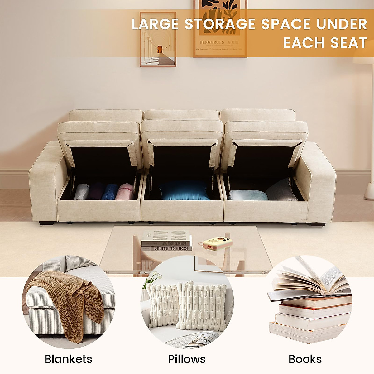 COHOME 100" Sectional Couch with Storage, Chenille Comfy Upholstered Couch for Living Room,3 Seater Free Combination Modular Sofa Couch with Deep Seat,Beige