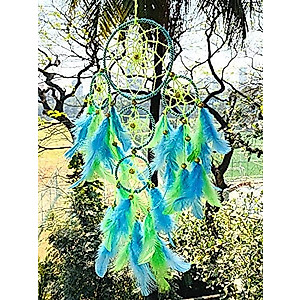 Rooh Dream Catcher ~ Neon green and blue 4 tier ~ Handmade Mandala Hangings for Positivity (Can be used as Home Décor Accents, Wall Hangings, Garden, Car, Outdoor, Bedroom, Kids Room, Meditation Room)