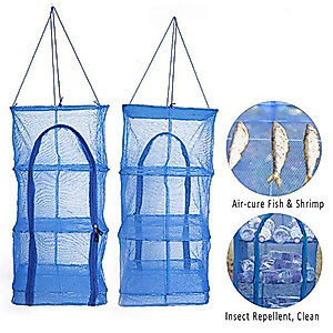 Keenso Drying Net Rack, Foldable 4 Layers Mesh Hanging Herb Drying Rack Basket Holder Camping Drying Net Zipper Opening Mesh Netting Blue Fishing net