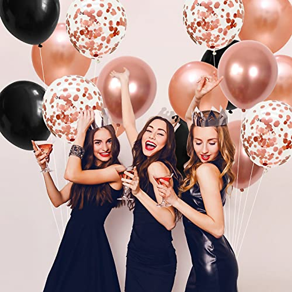 Rose Gold and Black Balloons, 60Pcs 12 Inch Metallic Rose Gold Balloons, Black Balloons and Confetti Balloons, Latex Balloons for Black Party Decorations, Rose Gold Birthday Decorations, Baby Shower