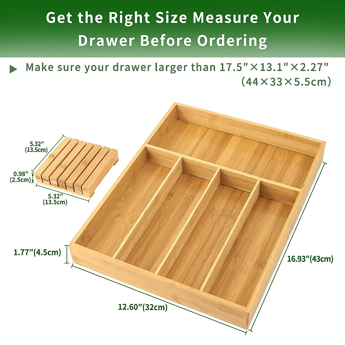 VaeFae Bamboo Silverware Organizer, Utensil Holder for Drawer, Wooden Cutlery Tray with Divider for Kitchen, Flatware Storage and Removable Knife Block, 13 x 17 inches