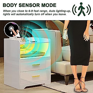 HNEBC Night Stand with Charging Station,LED Nightstand with Body Sensor Function, Smart Nightstand has RGB Lights Mode,Bedside Table with Drawers,Side Table for Bedroom/Living Room (White)