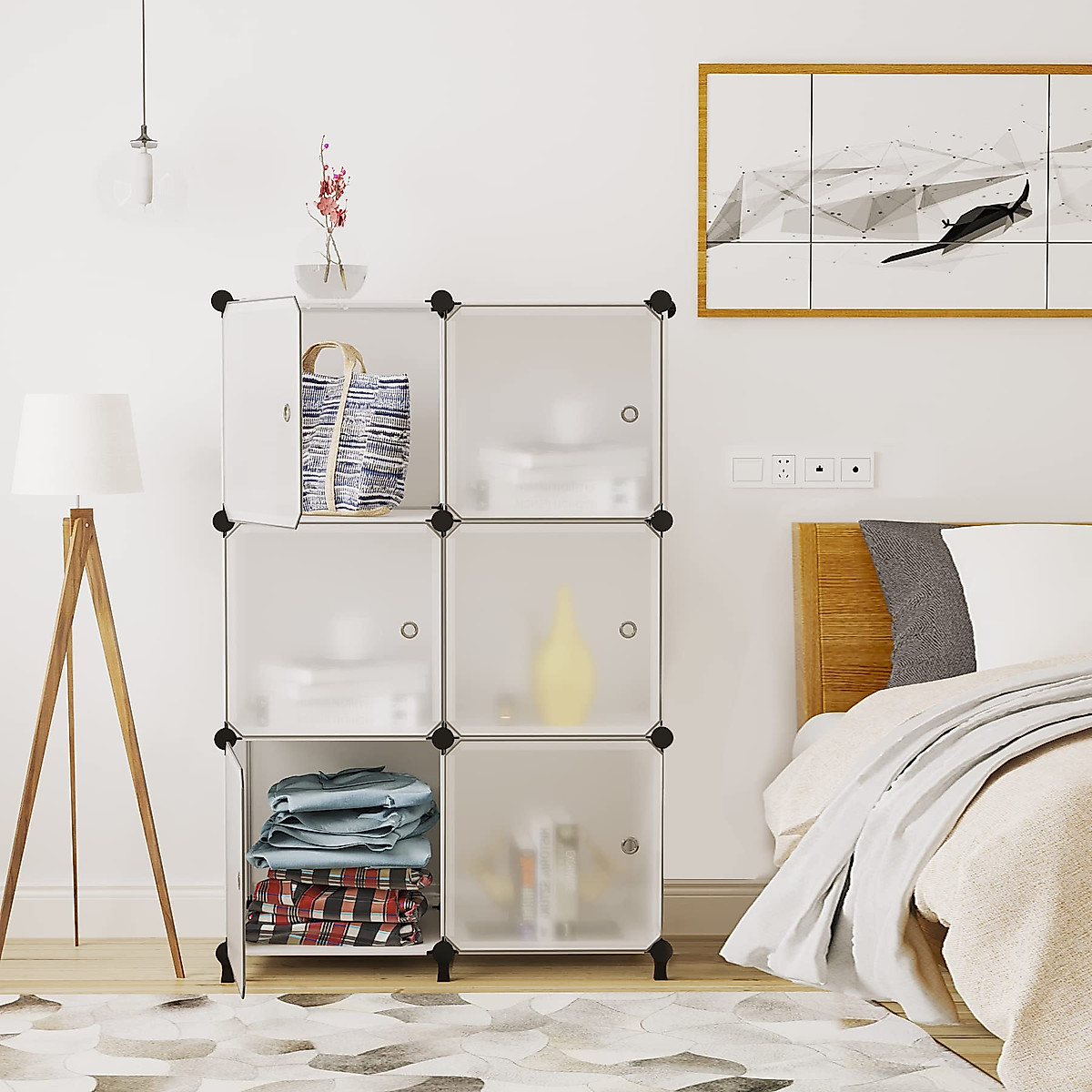 AWTATOS Storage Cube Organizer with Doors, Stackable Closet Shelf for Bedroom, Clothes Shelving Rack, DIY Square 6 Cubes Bookcase, Plastic Space Saver for Home, Living Room, Office, Translucent White