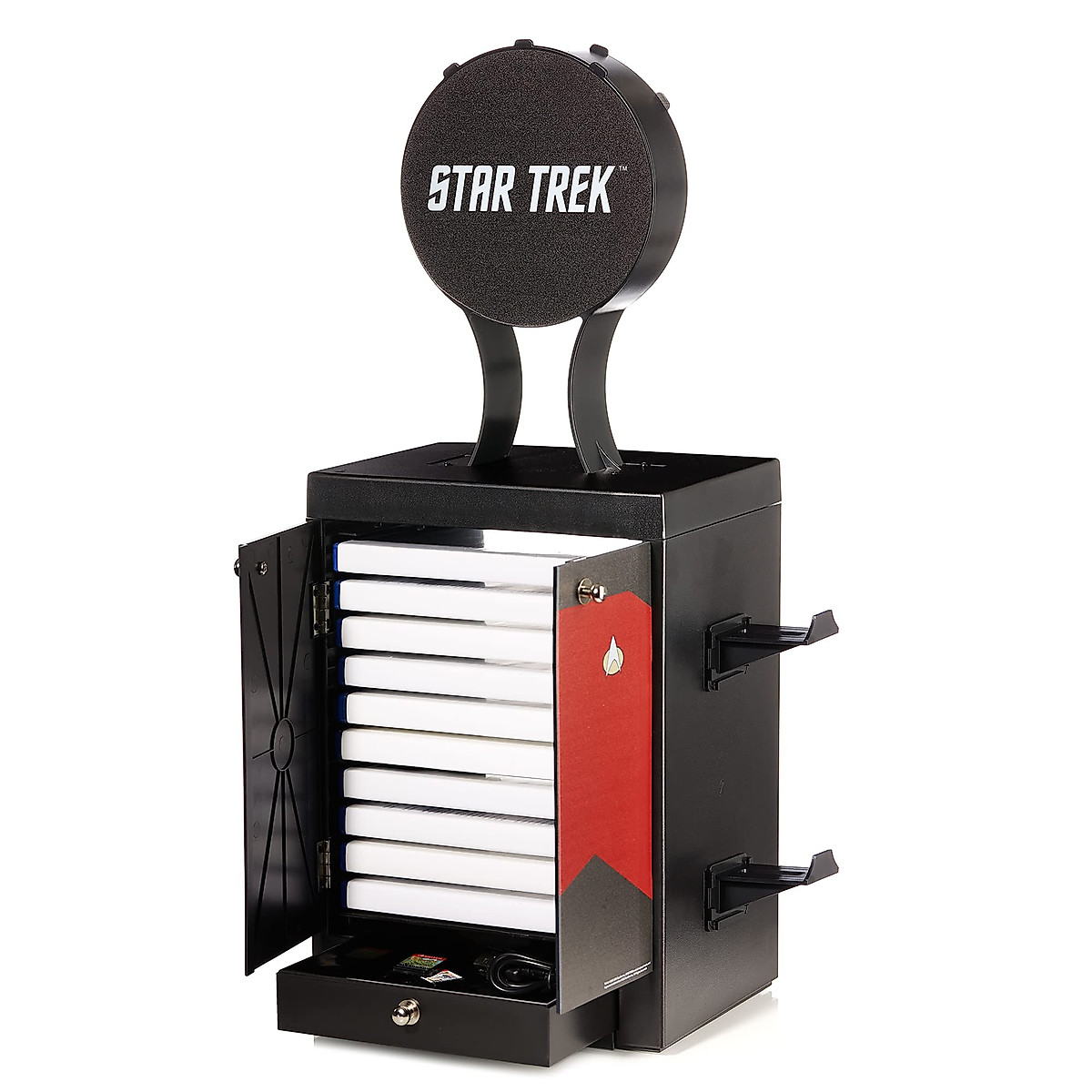 Numskull Official Red Star Trek Gaming Accessory Locker & Storage Stand – Holds 10 Games/DVDs, 4 Controllers, Headset, and Accessories – Durable & Compact Organizer – Official Star Trek Merchandise