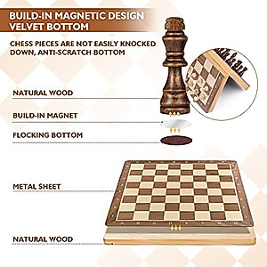 Peradix 15" Wooden Chess and Checkers Set, Magnetic Chess Sets - 2 Extra Queens, 2 in 1 Board Games with Folding Board and Chessmen Storage Slots, Beginner Chess Set for Adults Kids, Gift Box Packed