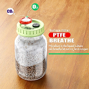 6Pcs Regular Mouth Mushroom Liquid Culture Lid, Grain Spawn Cultivation Mason Jar Lid with 0.2 micron PTFE Syringe Filter & 20mm Self Healing Injection Ports For Mushroom Growing Mycology