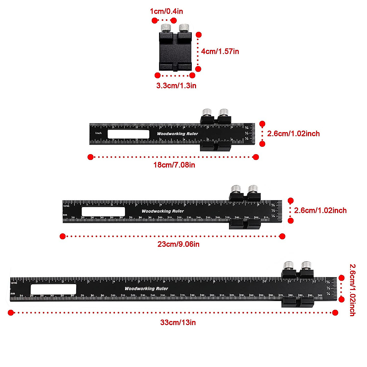 Woodworking Ruler Precision Pocket Rule - 12, 8, 6 Inch Metal Slide Stop Marking Ruler Metric Inch Measuring Wood Working Scribing Rulers Measure Tools - Engineers Woodwork Adjustable Sliding Ruler