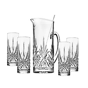Godinger Barware Beverage Set - Mixing Pitcher Carafe, Stirrer and 4 Collins Tall Drinking Glasses - Dublin Collection
