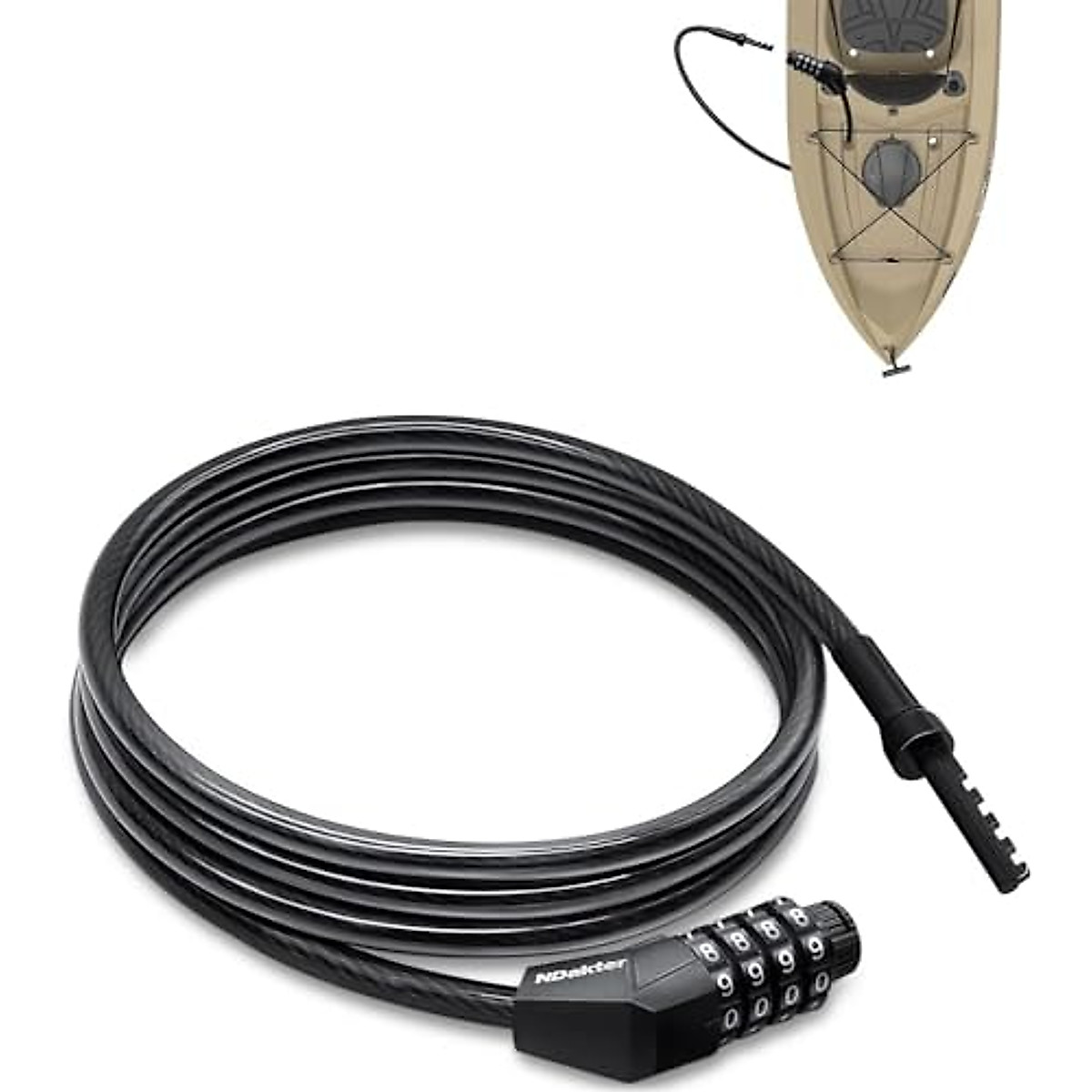 NDakte Bike Lock, Extra Long Straight Cable Lock(6ft to 27ft) with Resettable Combination, Unique Male Narrow Designed to Especially Suitable for Kayak, Scooter and Paddle Boards Canoe Jet Ski