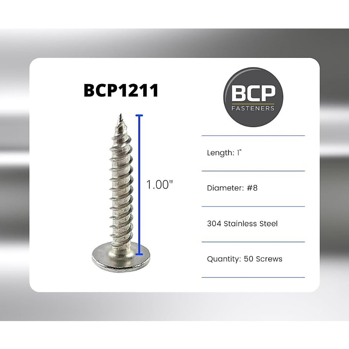 50 Qty #8 x 1" 304 Stainless Steel Phillips Modified Truss Head Wood Screws (BCP1211)