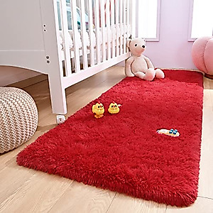 DETUM Red Rug 2x6 Feet - Fluffy Red Runner Rugs for Bedroom Shaggy 2' X 6' Living Room Rug Soft Rugs for Kids Room Non-Slip Nursery Office Dorm Washable Carpets Home Decor