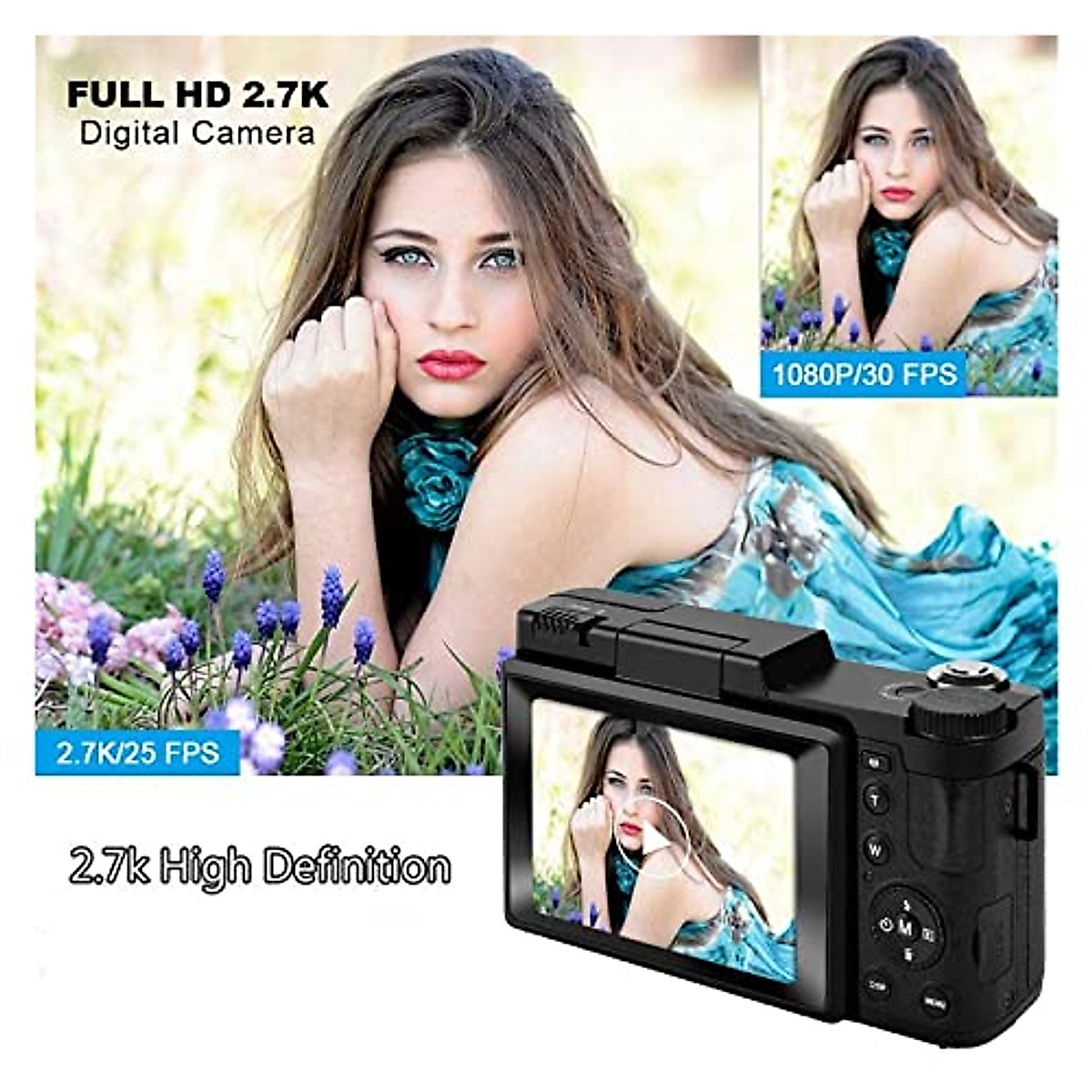 Camera 2.7K Full HD Digital Camera 24MP Photographic Camera 4X Zoom Rotating Screen Professional EIS Video Camera for Travel Vlog Digital Camera
