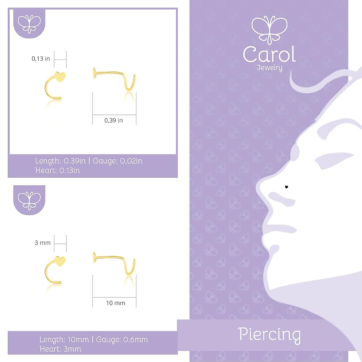 Carol Jewelry 18k Solid Yellow Gold Tiny Nose Stud Bone L Shape Heart 2.5 mm Shaped Nose Piercing