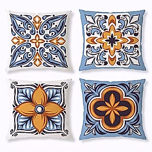 Outdoor Pillow Covers 18x18 Waterproof Outdoor Pillows for Patio Furniture Orange and Blue Boho Outdoor Pillows Decorative Garden Cushion Couch Throw Pillows Covers Farmhouse Home Decor 