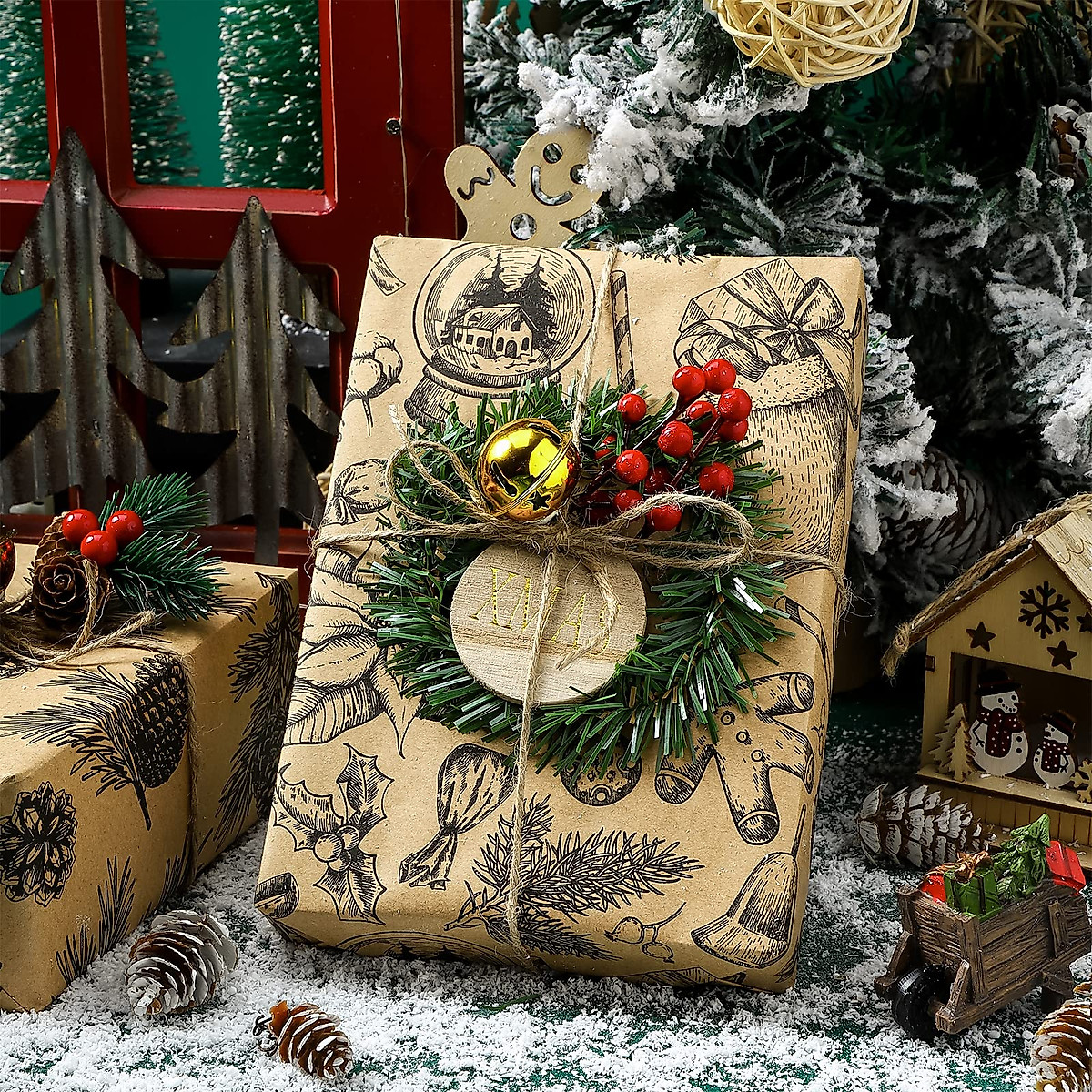 MAYPLUSS Kraft Christmas Wrapping Paper Roll - Mini Roll - 17 inch X 120 inch Per roll - 3 Different Rustic Design (42.3 sq.ft.ttl)