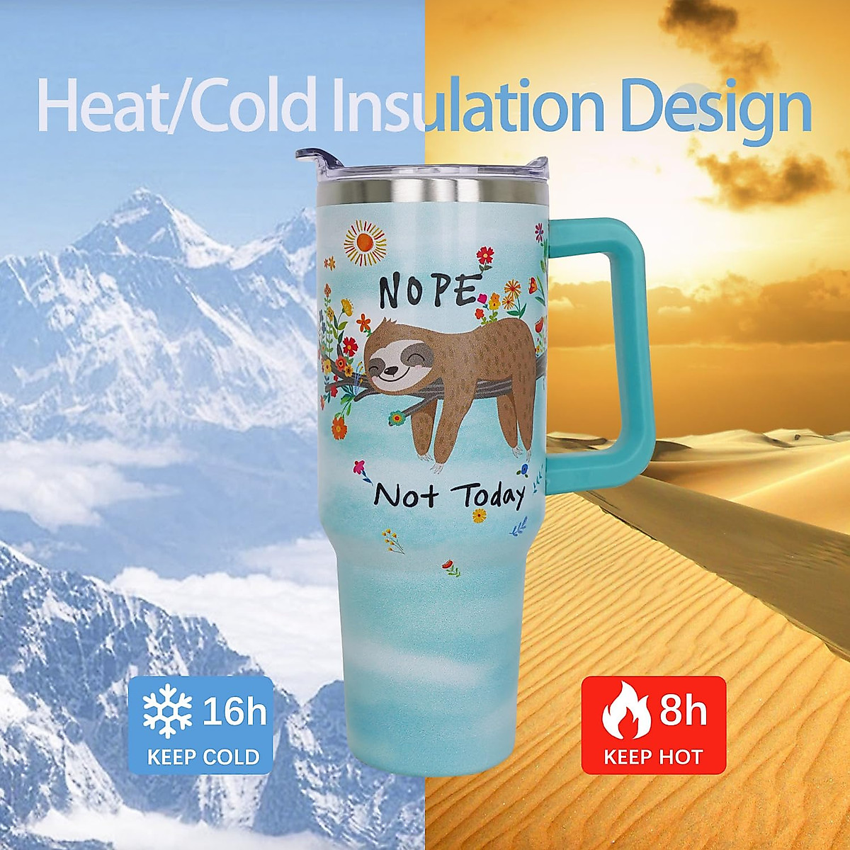 ZNYYZYBA 40 oz Tumbler with Handle and Straw Sloth Tumbler with Handle Insulated Leak Proof Travel Coffee Mug, Reusable Sloth Gift Tumblers