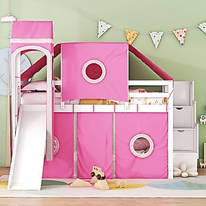 Merax Low Loft Bed Full Size with Slide and Storage Stairs, Wood Loft Bed with Tent & Tower, for Boys & Girls, Pink