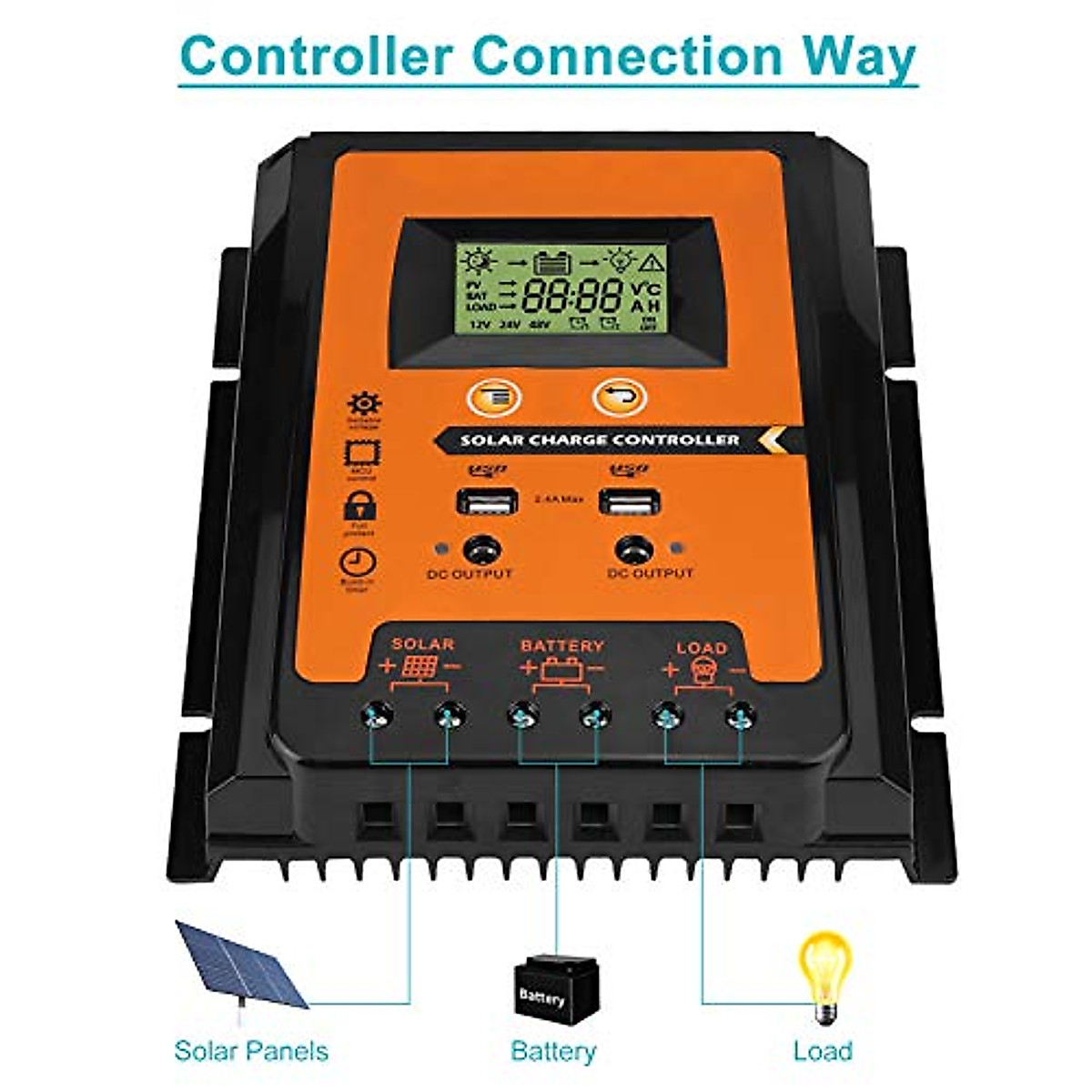 MPPT Solar Charge Controller, 12V/24V 30A/50A/70A Solar Panel Battery Regulator Charge Controller Dual USB LCD Display Solar Power Battery Controller