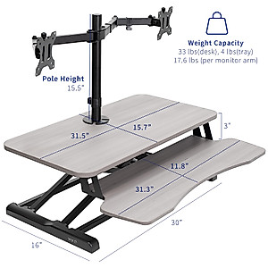 VIVO Height Adjustable 32 inch Standing Desk Converter with Dual 13 to 30 inch Monitor Stand, Sit Stand Monitor Mount and Desk Riser, Gray, DESK-V000K-M2G