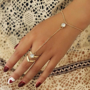 Acedre Boho Crystal Bracelets Gold Hand Harness Bangle Finger Rings Hand Accessories for Women