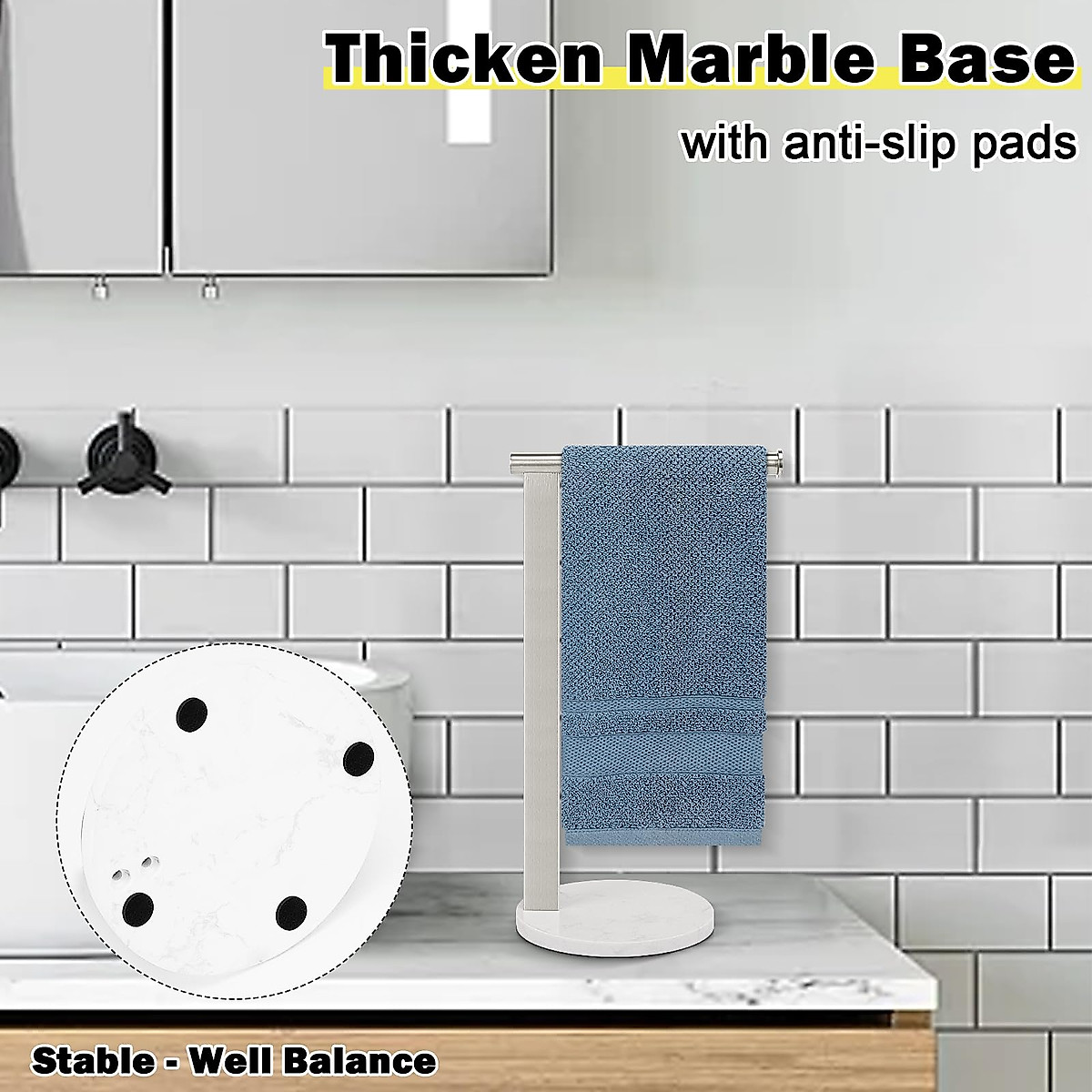 Winmien Stainless Steel L-Shaped Hand Towel Holder, SUS304 Bathroom Towel Rack with Thickened Base for Countertop Vanity (Brush Nickel)