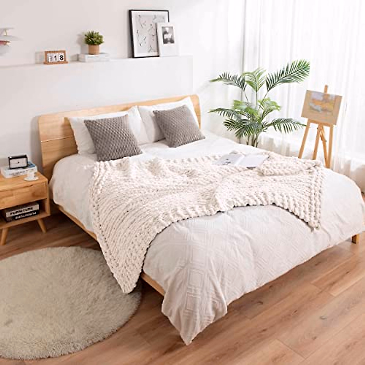 clootess Chunky Knit Blanket Knitted Throw Crochet Chenille Yarn Woven for Bed Sofa Textured Thick Cable Decor (Beige 50x63 in)