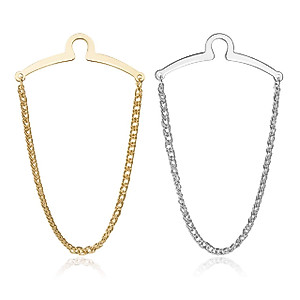 JOVIVI 2pcs Set Men's Silver Golden Necktie Tie Clips Link Chain Cravat Collar Pins Brooch w/Box