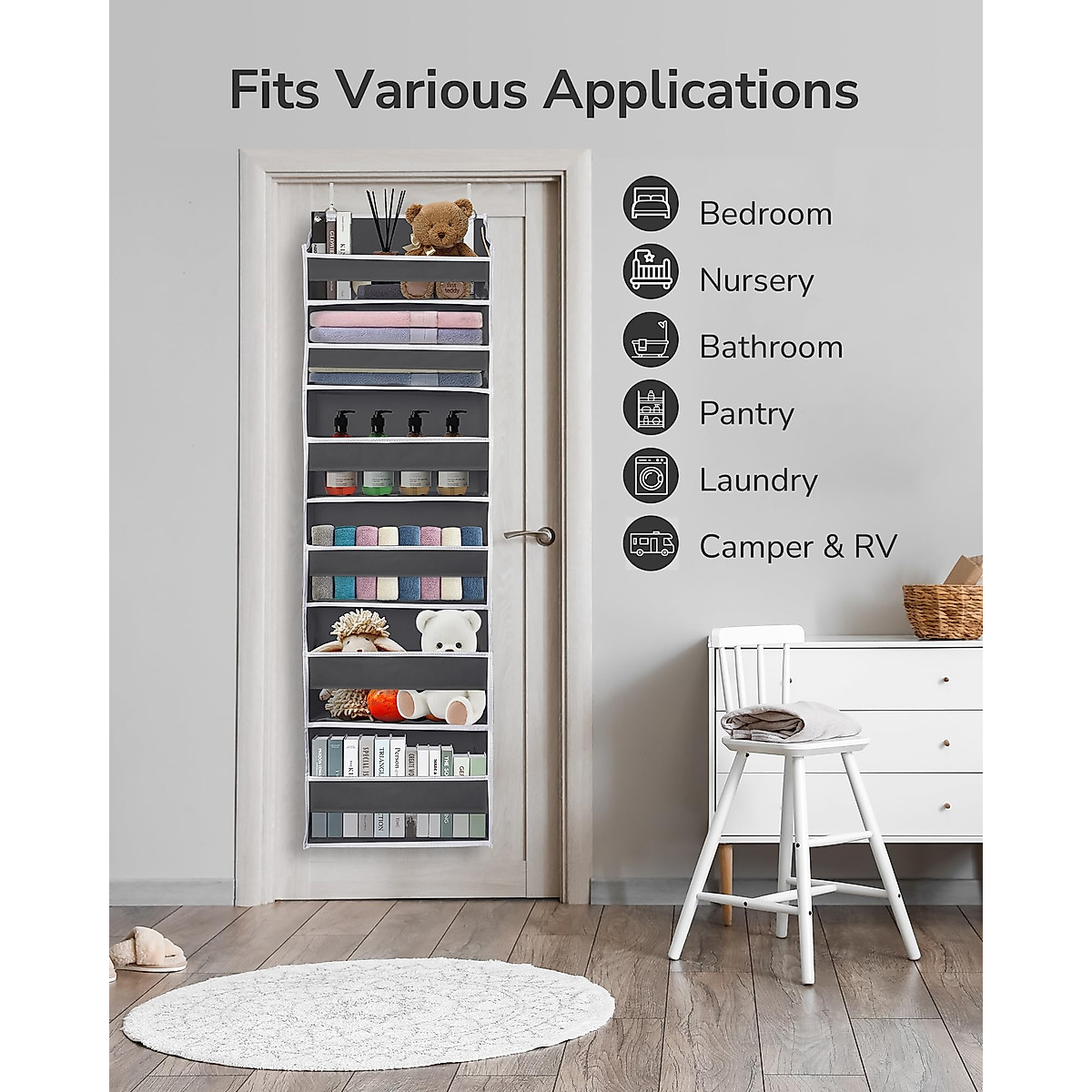 ULG Over Door Organizer with 4 Large Pockets 6 Mesh Side Pockets, 33 lbs Weight Capacity Hanging Storage Organizer with Clear Window for Bedroom Nursery, Baby Kids Toys, Diapers, Dark Grey (1 Pack)