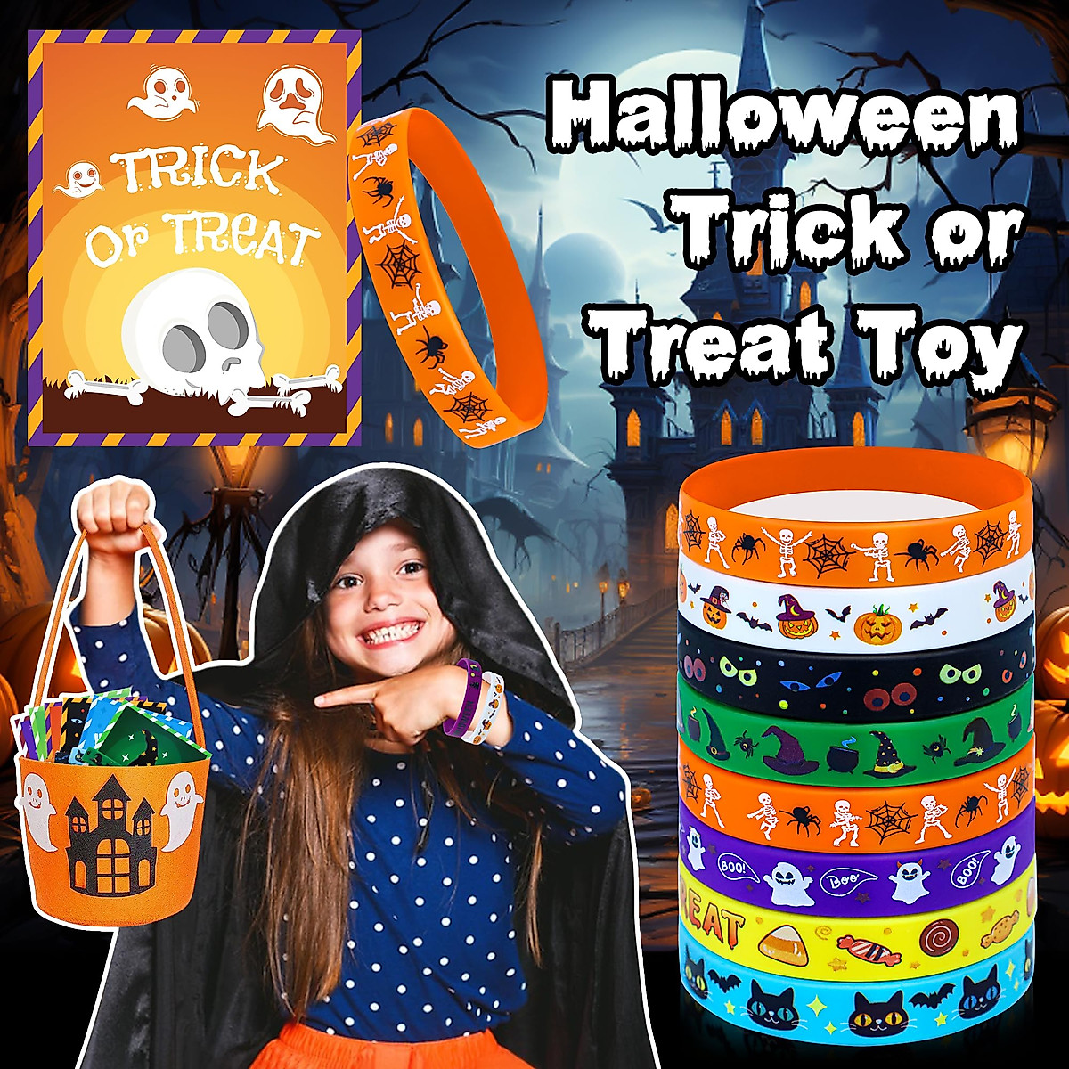 40 Pcs Halloween Party Favors Rubber Bracelets with Gift Cards,Halloween Silicone Wristbands for Party Supplies Goodie Bags Stuffers Fillers Trick or Treats Halloween Classroom Prizes Gifts for Kids